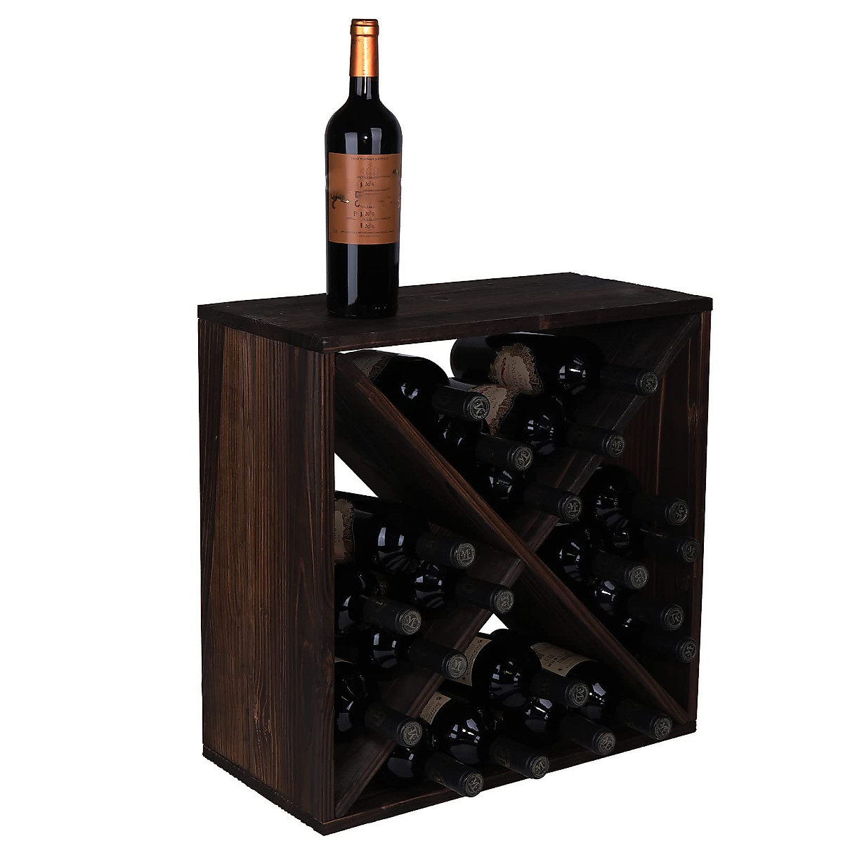 fdjamy Wine Rack countertop Wooden Stackable Storage Rustic Retro Style Cube 24-Bottle Wooden Wine Rack Wine Cabinet (Dark Brown)