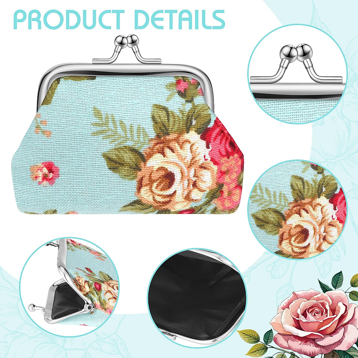 SilTriangle 16 Pcs Canvas Floral Buckle Coin Purses Vintage Kiss Lock Change Purses Bulk Rose Flower Wallet for Women(4 x 3 Inch)