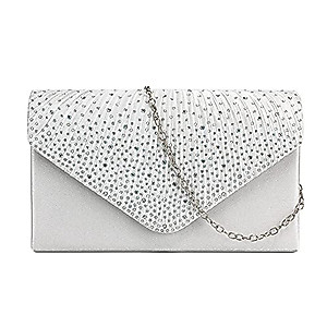 Goclothod Evening Envelope Women Rhinestone Satin Clutch Purse Cocktail Wedding Party Bridal Handbag White