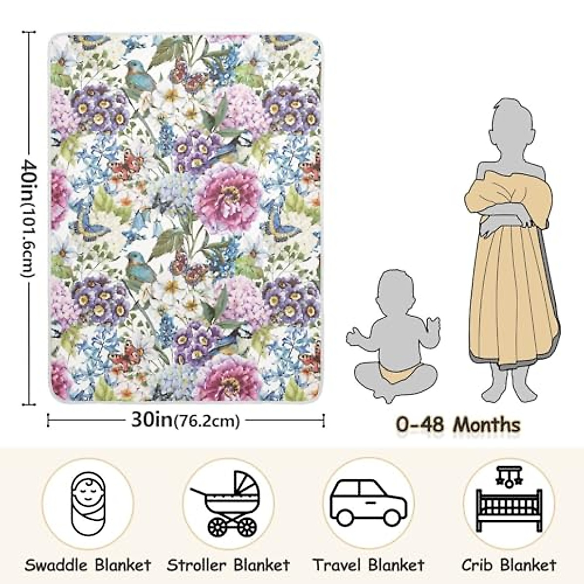 Coikll Floral Bird Butterfly Baby Blanket Cotton Cozy Throw Blanket Warm Nursery Swaddle Receiving Toddler Blankets 30" x 40