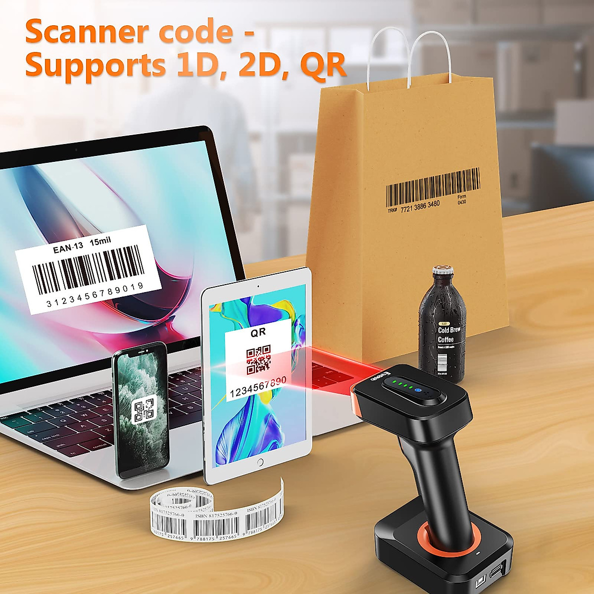Eyoyo 2D QR Wireless Barcode Scanner, 3 in 1 Bluetooth & USB Wired & Wireless 1D 2D QR Barcode Reader, 2500mAh Cordless Bar Code Scanner for PC, iPhone, iPad, Tablets