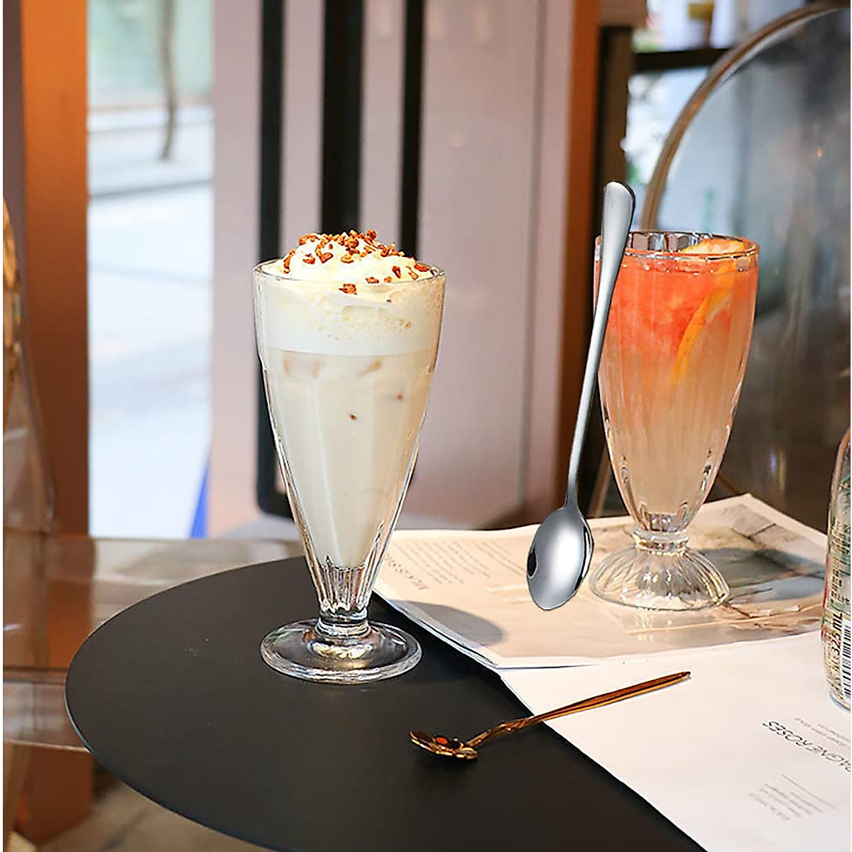 Cezoyx Set of 6 Milkshake Glasses with Spoons, 12 Oz Old Fashioned Soda Glasses Clear Cocktail Glasses, Ice Cream Sundae Cups for Smoothies, Milk Shakes, Sundaes and more