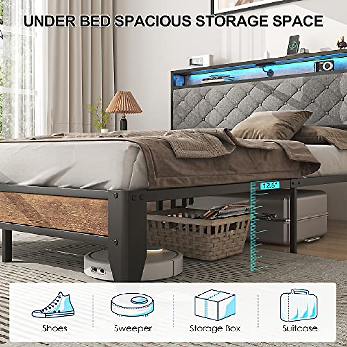 Osfvolr Queen Bed Frame with Charging Station and LED Light, Platform Bed Frame with 2 Tier Storage Upholstered Linen Headboard, Heavy Duty Metal Structure, 12 inch Under Bed Storage, Noise Free