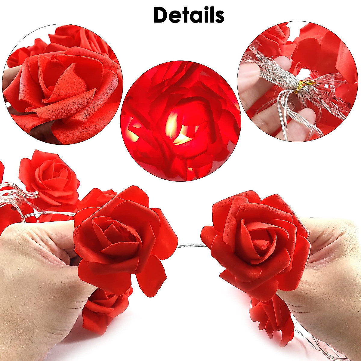 Yomiie Rose Flower String Lights Valentine's Day Decoration 6.6 ft 20 Rose Lamp Fairy String Lights, DIY Lights Decorations for Mother's Day Wedding Garden Party Decoration - Red