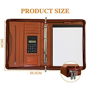 Portfolio Binder Organizer PU Leather Padfolio with 4 Ring Binder & Handle Zipper Padfolio for Documents Resume Tablet Business Cards Notebook Organizer Solar Calculator Included (Brown 4-Ring)