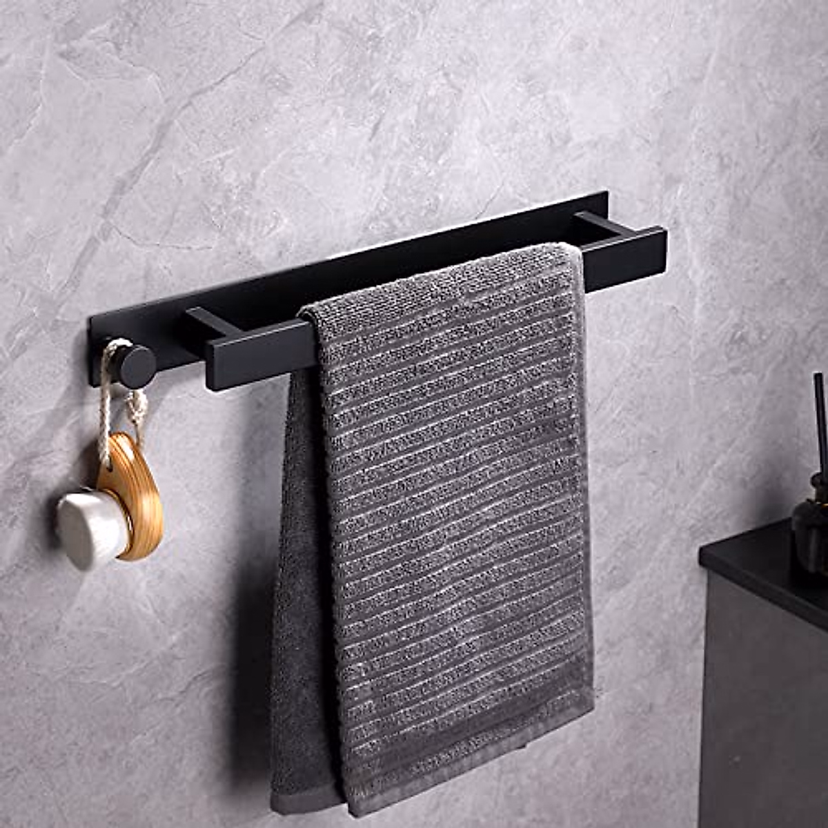 WOSOMOK Vertical Towel Bar for Bathroom with 3M Sticker 15.8 Inch SUS304 Stainless Steel Square Shower Bath Wall Hand Towel Holder Rack No Drilling Matte Black Towel Shelf Rack with Hook