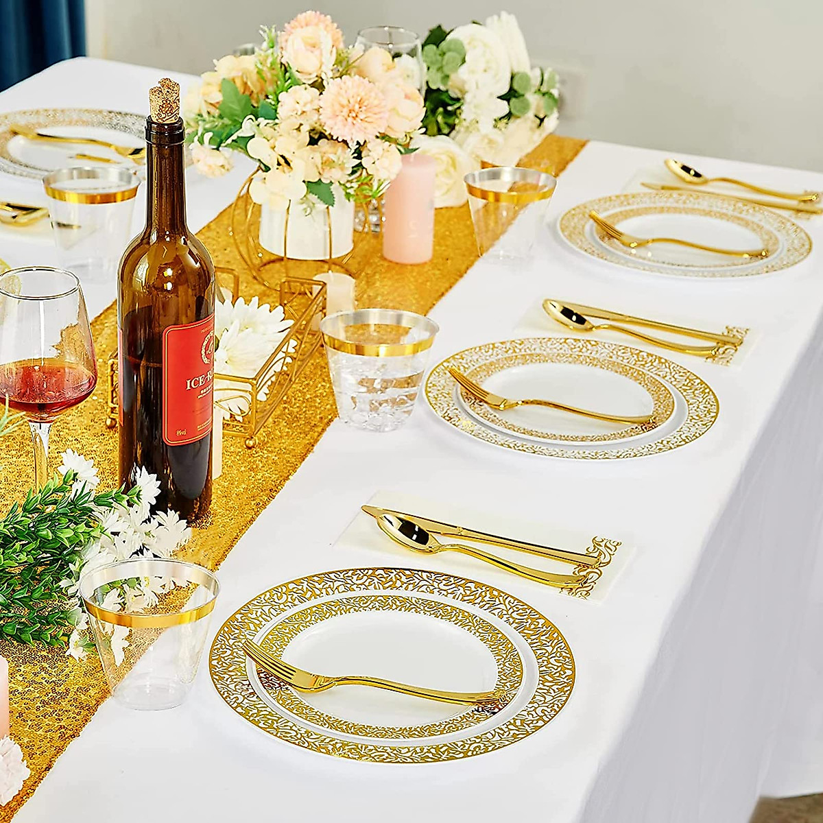350 Piece Dinnerware Set for Wedding & Party,50 Guest Lace Design Plastic Plates,50 Plastic Silverware,50 Cups,50 Linen Like Napkins,50 Guest Disposable Dinnerware Set (Gold)