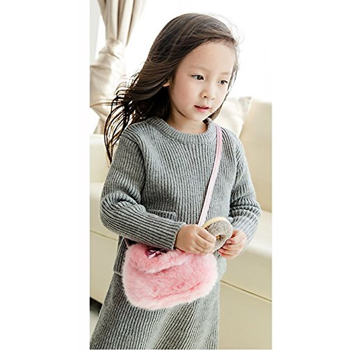 Kids Girls Toddlers Lovely Bowknot Hairy Mini Shoulder Bags Crossbody Bags Cell Phone Case Holder Small Purse Clutch Cross Body Handbags for 1-5 Yrs, Great for Birthday Christmas
