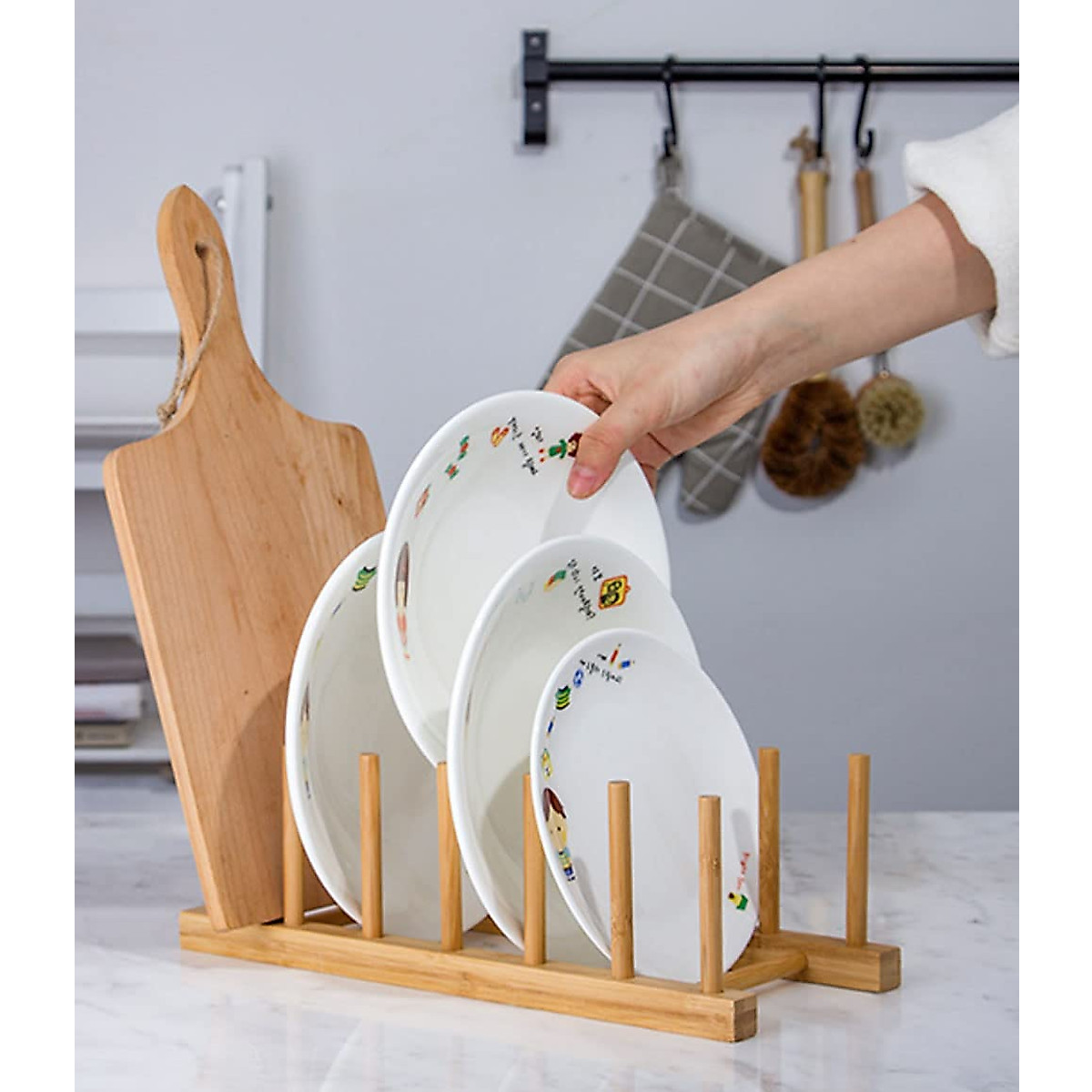 Lawei 4 Pack Bamboo Wooden Dish Rack - Plate Rack Stand Pot Lid Holder, Kitchen Cabinet Organizer for Bowl, Cup, Cutting Board and More