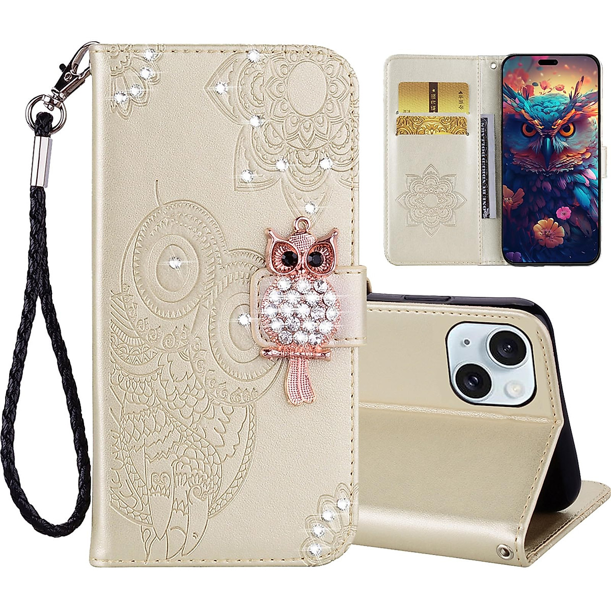 Ephoou Compatible with Apple iPhone 15 Flip Glitter Wallet Case for Women, Pu Leather with Card Slots Crystal Diamond Owl Embossing Shockproof Cover Case for iPhone 15 MTY-Gold