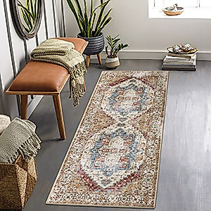 Lanffia Boho Rug Runner 2x5 Washable Persian Hallway Runner Rug Vintage Distressed Entry Throw Area Rug Non-Slip Low-Pile Floor Carpet for Kitchen Bathroom Laundry Room Bedroom, Yellow/Multi