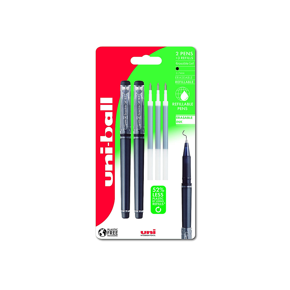 uni-ball UF-222-07 Erasable Rollerball Gel Pens. Premium 0.7mm Ballpoint Tip for Super Smooth Writing, Drawing & Colouring. Easy-Retract Eraser for Secure and Stable Rubbing Out. 2 + 3 Refills Black