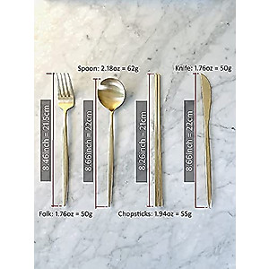 cozymomdeco Korean Made Traditional Premium Utensil Flatware Luminous Gold, Brass, 1SET, Fork, Knife, Spoon, Chopsticks with Furoshiki Wrapping