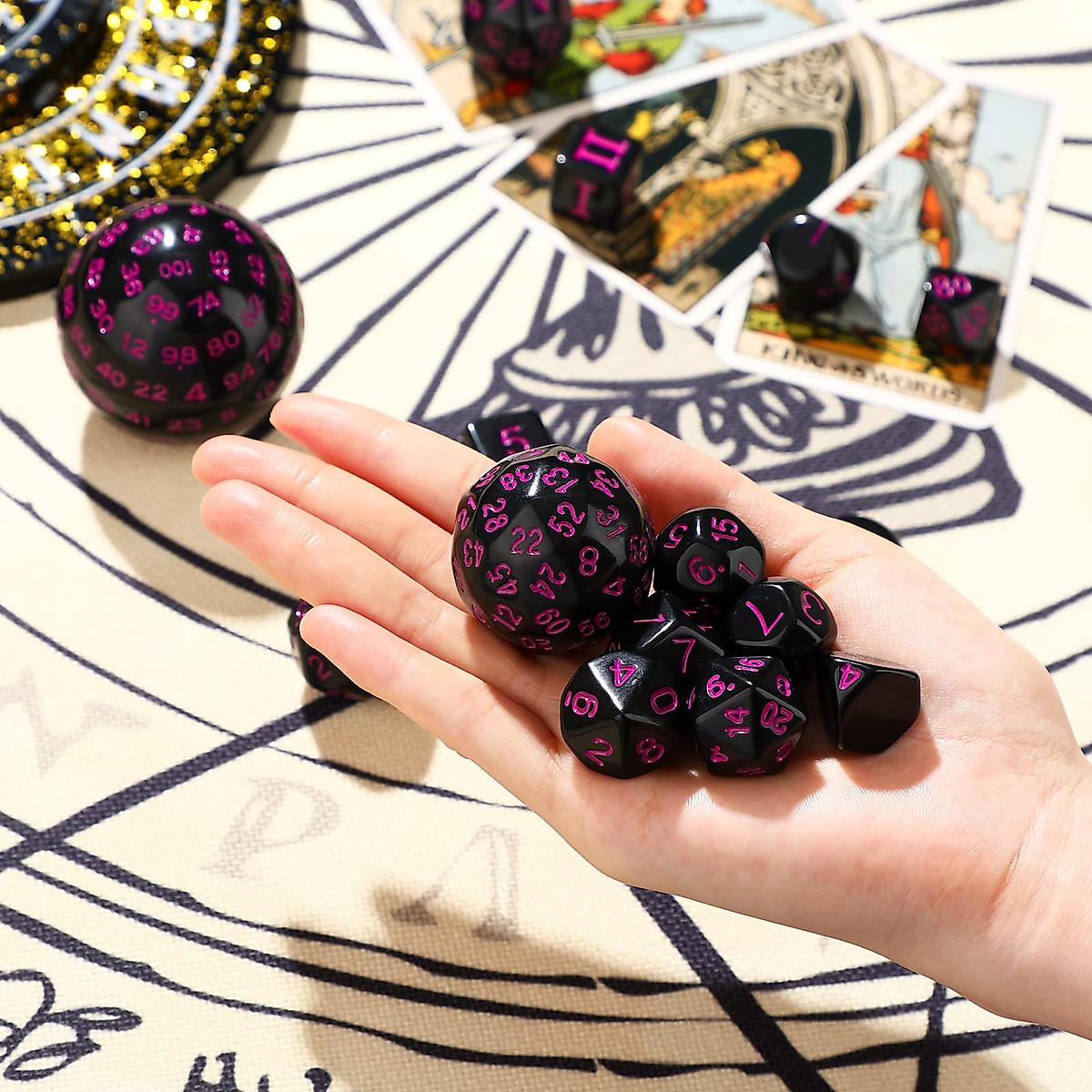 15 Pieces Complete Polyhedral Dice Set D3-D100 Spherical RPG Dice Set in Opaque Black, 100 Sides Dice Set for Role Playing Table Games Party Supplies (Black and Purple)