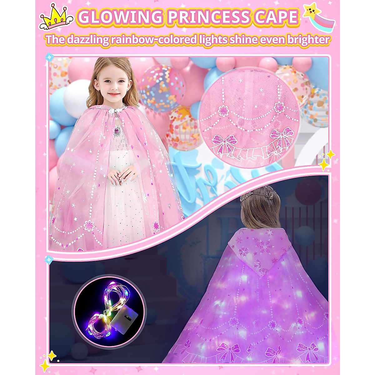 Peach Girls Princess Costume Adult,Super Bros Princess Toys Light UP Cape Set for Kids Cosplay Halloween Dress Up Clothes for Little Girls Accessory