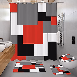 Gibelle 4 Pcs Geometric Red Shower Curtain Set with Non-Slip Rugs, Toilet Lid Cover and Bath Mat, Black Grey Modern Bathroom Decor Set with Shower Curtain and Rugs and Accessories