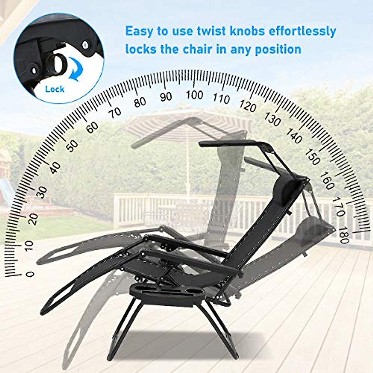 Zero Gravity Chair, 2 Pack Patio Lounge Chair Folding Outdoor Indoor Adjustable Backyard Recliner Chair Chaise with Cup Holder Tray and Canopy Shade for Pool, Beach, Lawn, Deck, Camping - Black