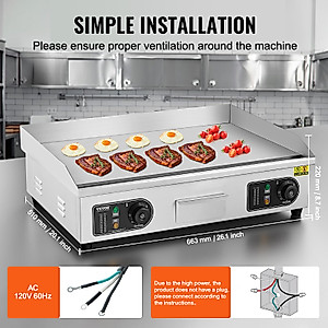VEVOR Commercial Electric Griddle, 2800W Countertop Flat Top Grill, 26in Stainless Steel Griddle Grill with 2 Shovels and 2 Brushes for Home or Restaurant, 122℉-572 ℉ Adjustable Temp
