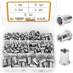 SAE Rivet Nuts Assortment, VIGRUE 185pcs #8-32#10-24 1/4"-20 5/16"-18 3/8"-16 304 Stainless Steel Nutserts Rivnuts Kit, Flat Head Threaded Insert Nut Assort