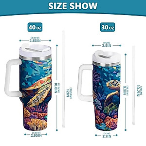 Slewiaeky Tumbler with Handle 40 oz Lovely Turtle Ocean Travel Mug with Lid and Straw Sea Stainless Steel Vacuum Insulated Water Bottle Cup for Iced Tea Coffee Cold Beverages Cup Holder Friendly