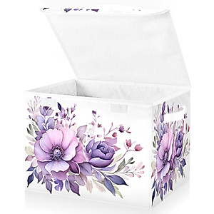 senya Baskets Collapsible Storage Bins with Lids, Purple Rose Leaves Storage Boxes Clothes Baskets for Organizing