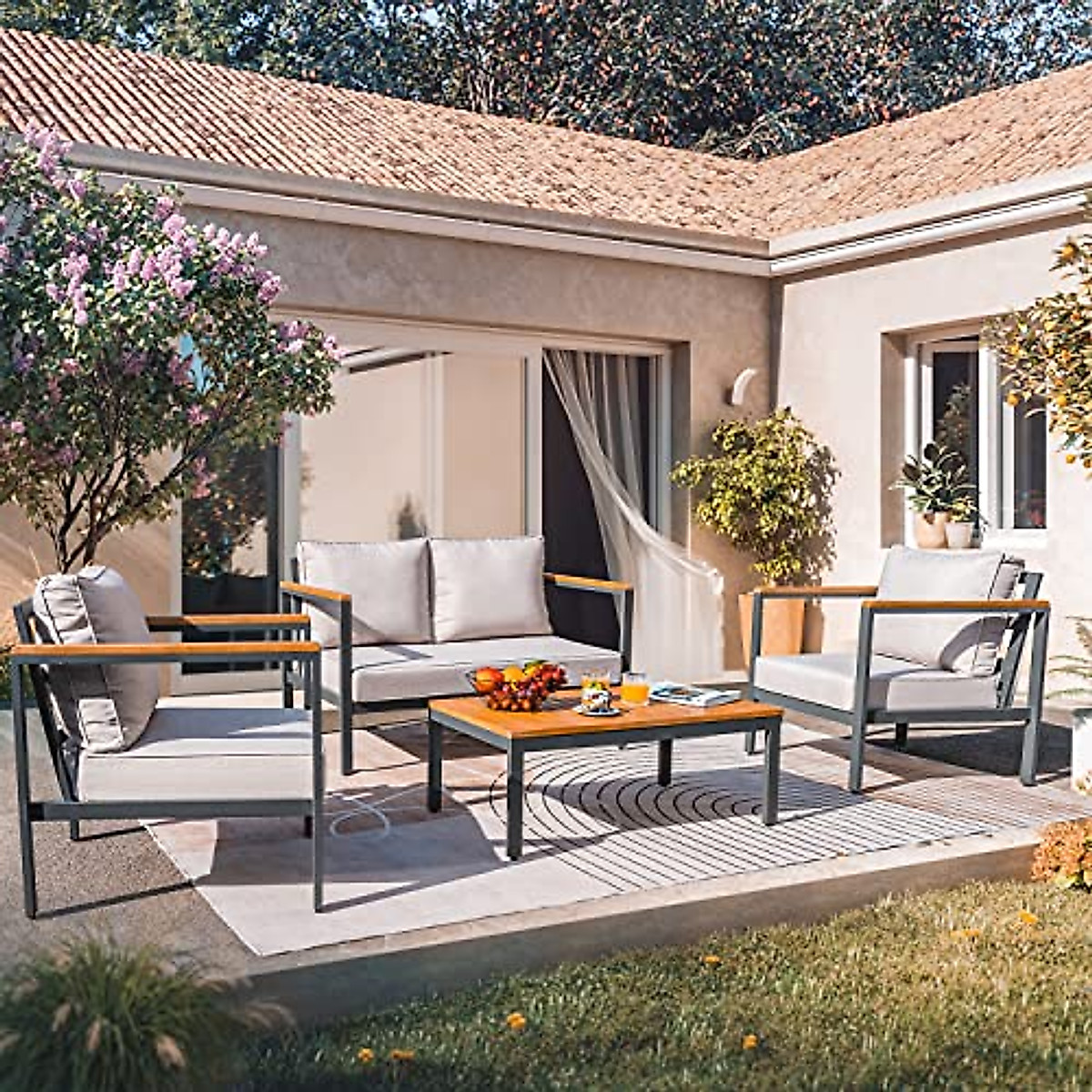 Greesum 4 Piece Furniture Patio Lounge Conversation Set Solid Wood Armrest & Table Top Anti-Drop Thick Waterproof Cushion, Beige