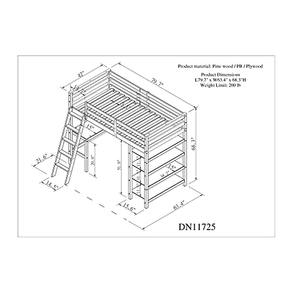 HZHOME Twin Size Loft Bed with Desk and Shelves, Wood LoftBed Frame with Ladder and High Guardrail, for Kids Teens Bedroom Dorm, White