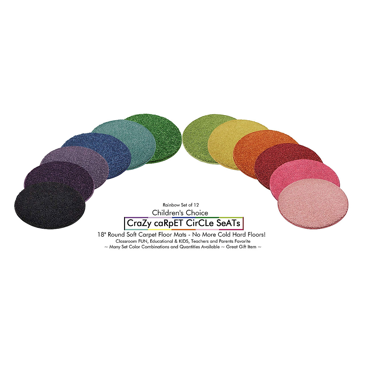 12 Rainbow Kids Crazy Carpet Circle Seats 18” Round Soft Warm Floor Mat - Cushions | Classroom, Story Time, Group Activity, Time-Out Spot Marker and Fun. Home Bedroom & Play Areas - USA Made