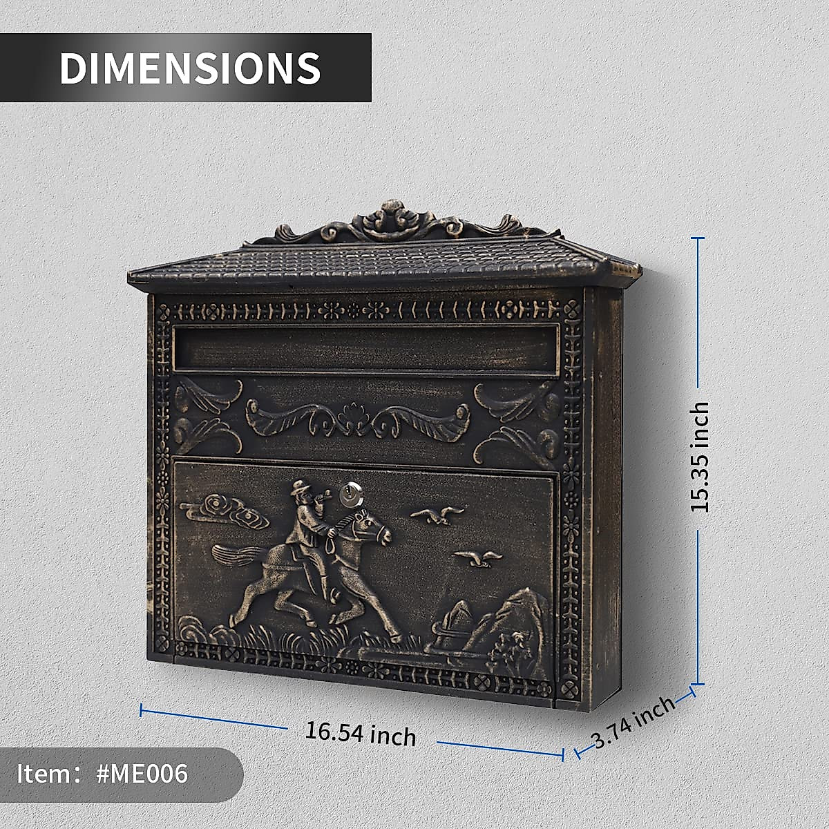 Yoocabinet Mailbox Wall Mount,Large Capacity Locking Mailbox for Outside, Rust-Proof Aluminum Hanging Secured Postbox, Security Key Drop Box,15.35 "x 16.14 "x3.54 Retro Horses