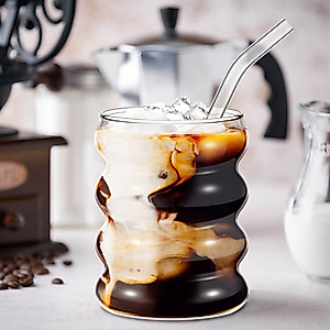 6 Pcs Creative Glass Cups Cute Ripple Shaped Vintage Drinking Glasses Ribbed Glassware Clear Aesthetic Cups Entertainment Dinnerware Glassware with Straws Set for Kitchen Coffee Juice Water Beverage