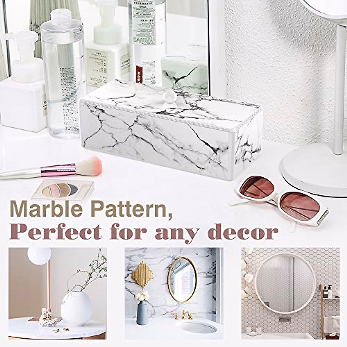 Luxspire Cotton Swab Holder with Lid, Marble Pattern Cotton Ball Holder Dispenser, Bathroom Canister Storage Jar for Cotton Pads Bud Q-tip, Vanity Cosmetics Countertop Organizer with 3 Compartments