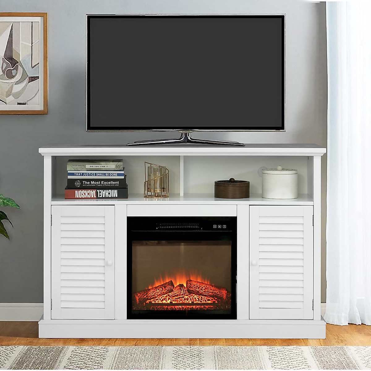 Sophia & William Fireplace TV Stand 2 Doors with a 18" Electric Fireplace Insert for TVs Up to 55", Modern Entertainment Center Media Console Storage Cabinet, White