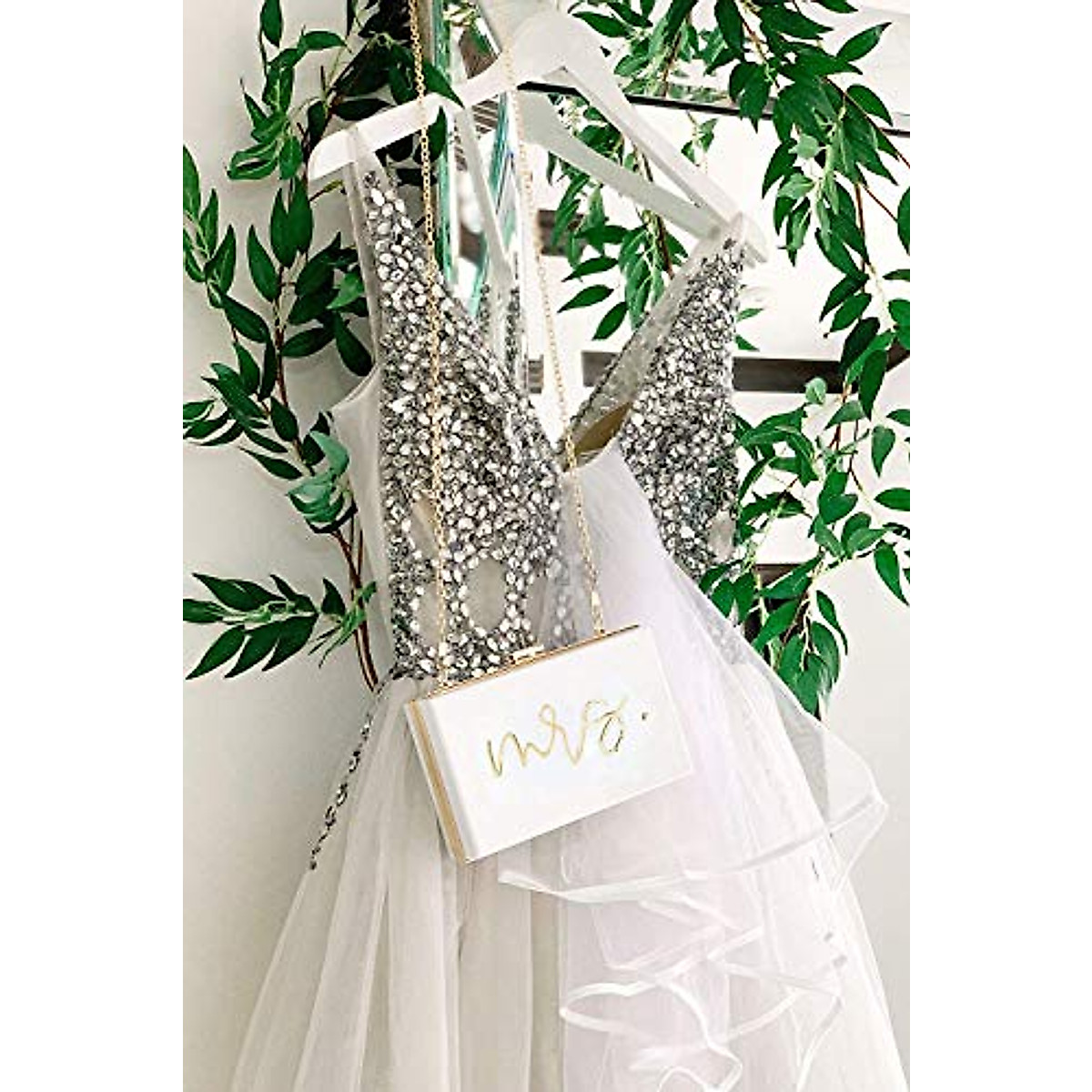 ModParty Mrs Acrylic Clutch Purse | Bridal Shower, Engagement, & Honeymoon Gift | Bride to Be Accessory | Crossbody with Removable Chain | White and Gold