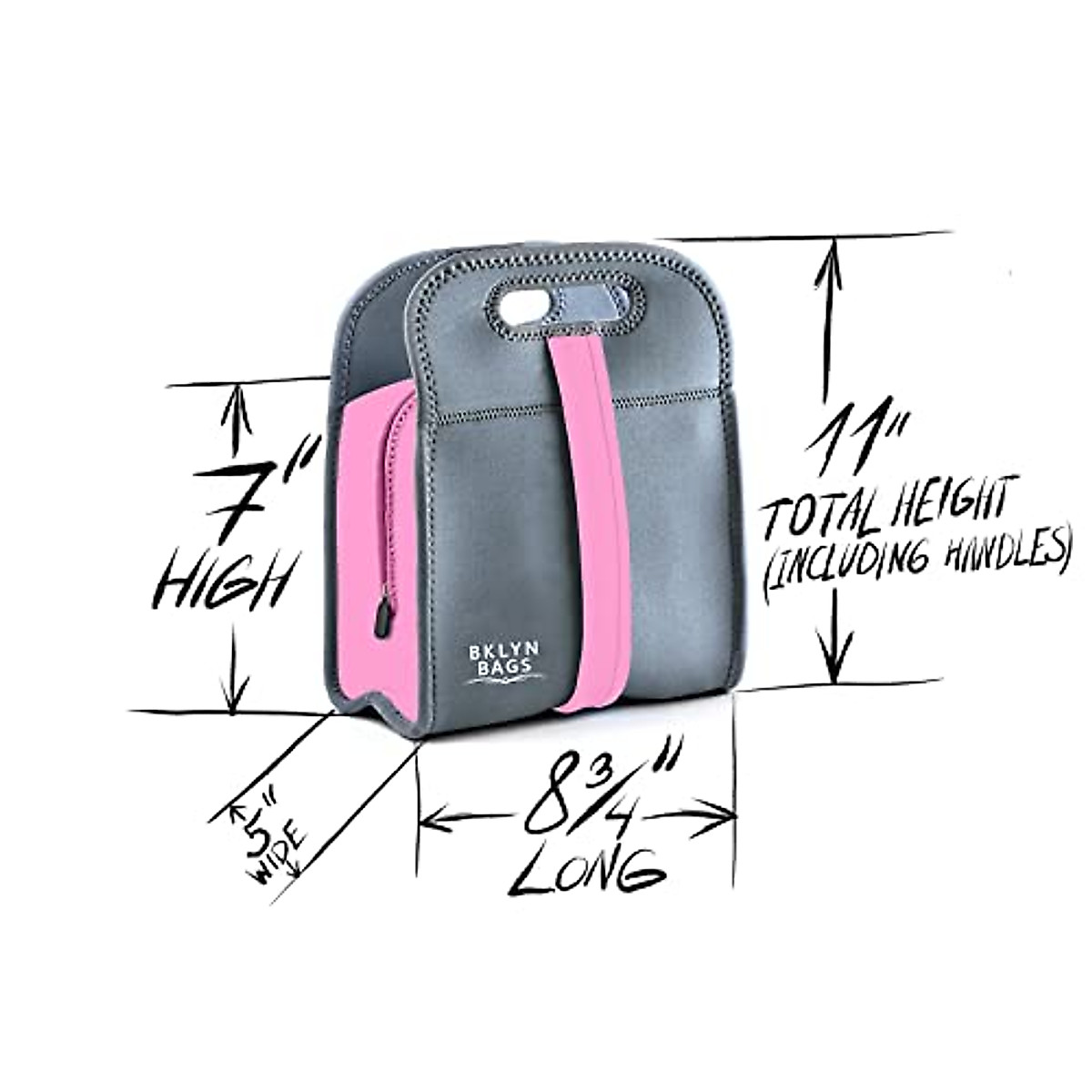 Neoprene Lunch Bag – Tiffin Bag – Eco Friendly Insulated Bento Bag With Zipper And Strap For Boys Girls Kids Teen & Adults. Lunch Tote, Lunch Box,Food Container for School or Work (Pink/Grey)