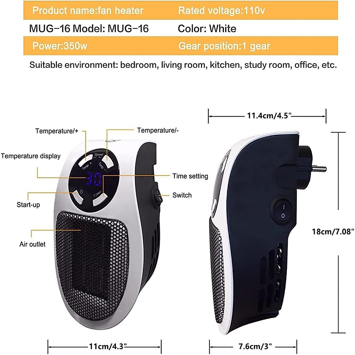 450W Mini Space Heater With Temperature Detection, Remote Wall Outlet Electric Space Heater as Seen on TV with Adjustable Thermostat and Timer and Led Display, Compact for Office Room RV (Smart-White)