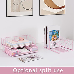 Becomrock Desk Organizers and Accessories, Office Supplies Desktop Organizer, Desk File Organizer with Sliding Drawer, Dual Tray and 5 Upright Section, File Folder Holder for Desk (Black)