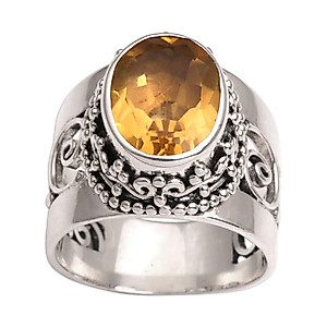 NOVICA Artisan Handmade Citrine Single Stone Ring Sterling Silver from Bali Cocktail Indonesia Gemstone Birthstone [crownbezel 0.7 in H x 0.6 in W x 0.3 in D Band Width 8 mm W] ' Glorious Vines'