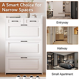 ODUWA Shoe Storage Cabinet with 3 Flip Drawers and 2 Storage Drawers,Easy to Store 18-25 Pairs of Shoes,White Wood Shoe Storage Cabinet for Entryway,Hallway,PVC Door with Shape