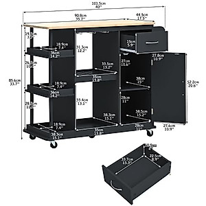 Blomed Multipurpose Kitchen Cart Cabinet with Side Storage Shelves,Rubber Wood Top, Adjustable Storage Shelves, 5 Wheels, Kitchen Storage Island with Wine Rack for Dining Room, Home,Bar,Black