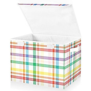 SUABO Rainbow Tartan Glen Plaid Storage Bin with Lid Large Oxford Cloth Storage Boxes Foldable Home Cube Baskets Closet Organizers for Nursery Bedroom Office