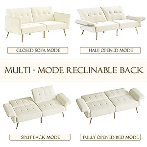 GEEVIVO 78” Velvet Futon Sofa Bed w/Adjustable Armrests,Convertible Futon Couch with Side Bags,Modern Sleeper Loveseat Sofa for Living Room,Bedroom