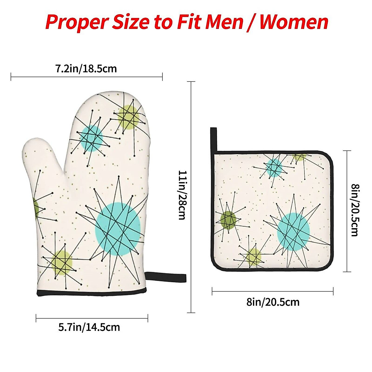 4-Piece Oven Glove and Pot Holder,Iconic Atomic Starbursts,Heat-Resistant Oven Glove and Pot Holder,Can Be Used for Cooking and Grilling, Orange