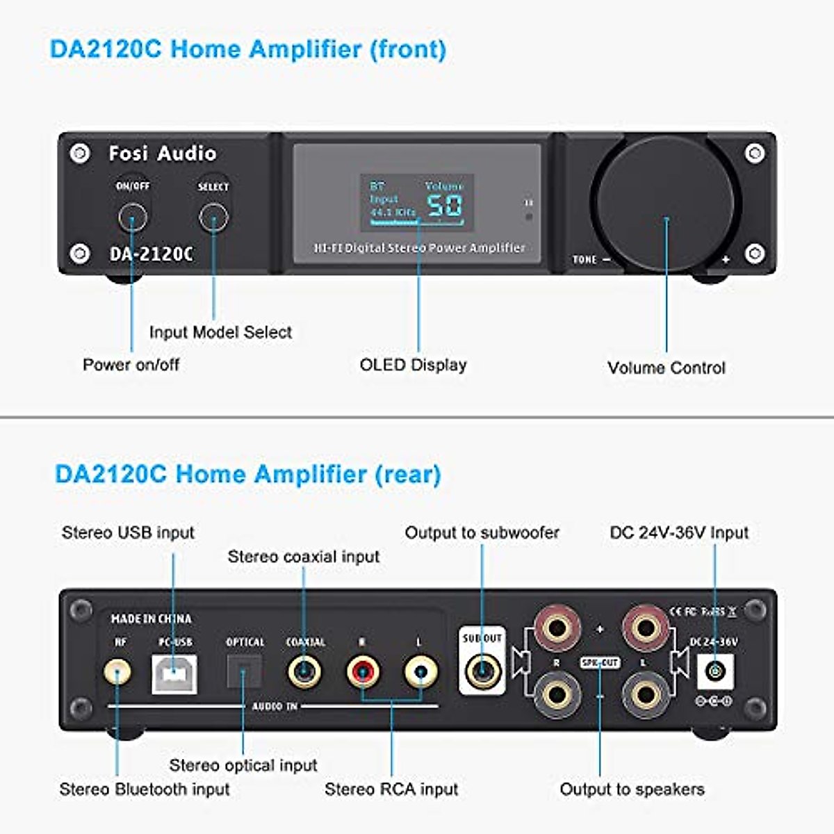 Fosi Audio DA2120C 240W Bluetooth 5.0 Stereo Audio Hi-Fi DAC Amplifier Support aptX 24Bit-192kHz 2.1 Channel Integrated Class D Power Amp with RCA/PC-USB/Coaxial/Optical Input and Remote Control