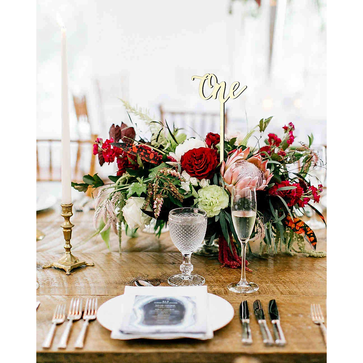 Activ8 Elegant Wooden Wedding Table Numbers | 1-12 Pack | Calligraphy Sticks Including Extra Thick Solid Base | Reception Party Home Decoration Centerpiece| Spray or Natural | Banquet Event Decor