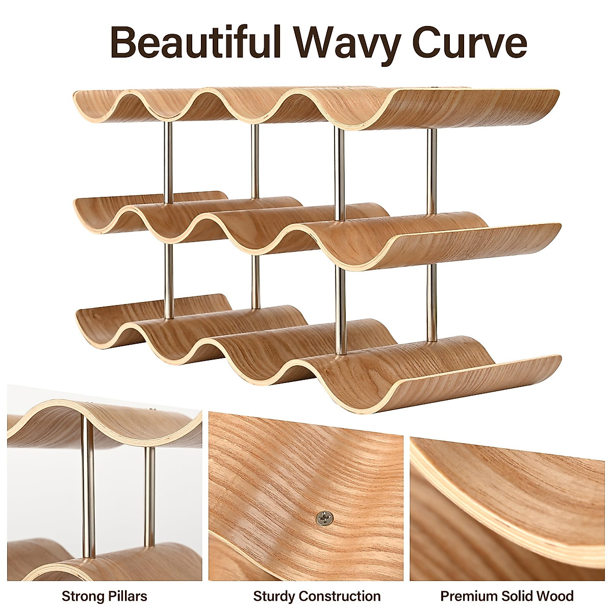 TRUDING Countertop Wine Rack - 12 Bottle Freestanding Wine Bottle Holder Stand - 3 Tier Wooden Wine Storage Rack - Wavy Wine Organizer for Cabinet Pantry Home Kitchen Bar