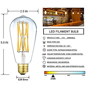 Leools Vintage LED Edison Bulb Dimmable 15W,Equivalent 120W, Antique Style ST64 LED Filament Bulbs,1300 Lumen,2700K Soft Warm White, E26 Base,4 Pack.