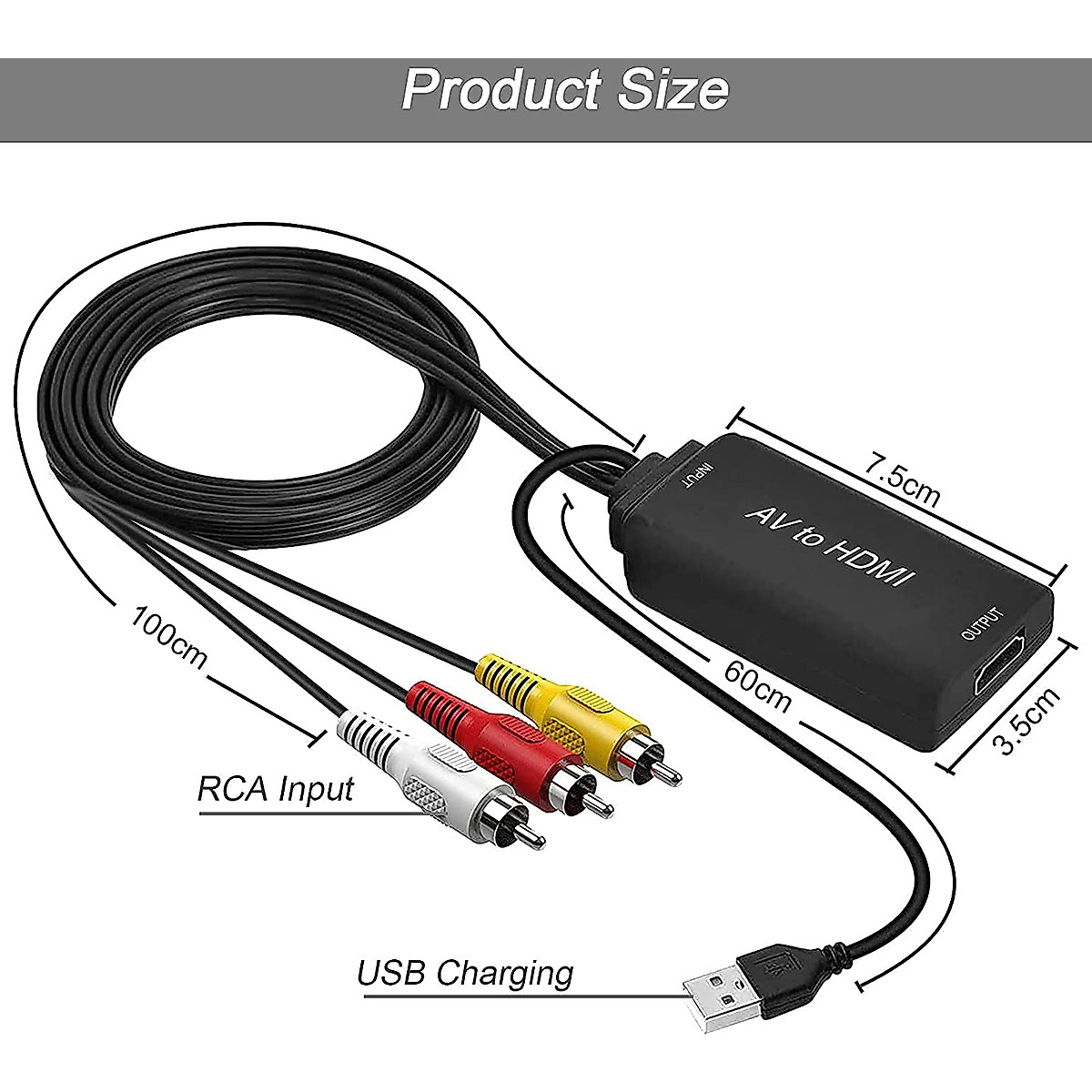 AMANKA RCA to HDMI, 1080P RCA Composite CVBS AV to HDMI Video Audio Converter Adapter with USB Charge Cable Compatible with PC Laptop Xbox PS4 PS3 TV STB VHS VCR Camera DVD