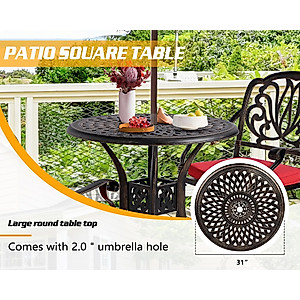 TITIMO 3 Piece Cast Aluminum Patio Dining Set,Outdoor Furniture Bistro Set, All-Weather Cast Aluminum Conversation Set Includes Table and Chairs w/Cushions and Umbrella Hole for Patio Garden (Red)