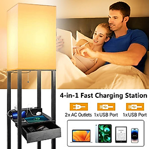 Assemer Shelf Floor Lamps for Living Room,Tall Standing Lamp with Shelves and Drawer,2 USB Charging Ports & Power Outlet,Bright 3CCT LED Bulb Included - Black