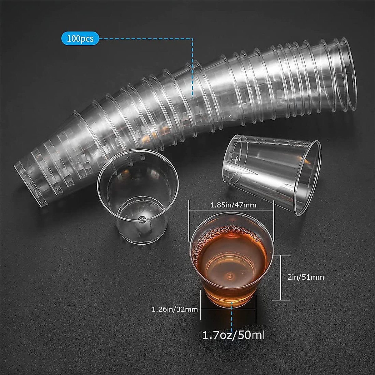 TuTuYa 100 Pack Plastic Shot Glasses, 1.7oz/50ml Hard Thicked Plastic Shot Cups, Clear Reusable Shot Glasses Plastic Fit for Birthday, Wedding, Festival, Party